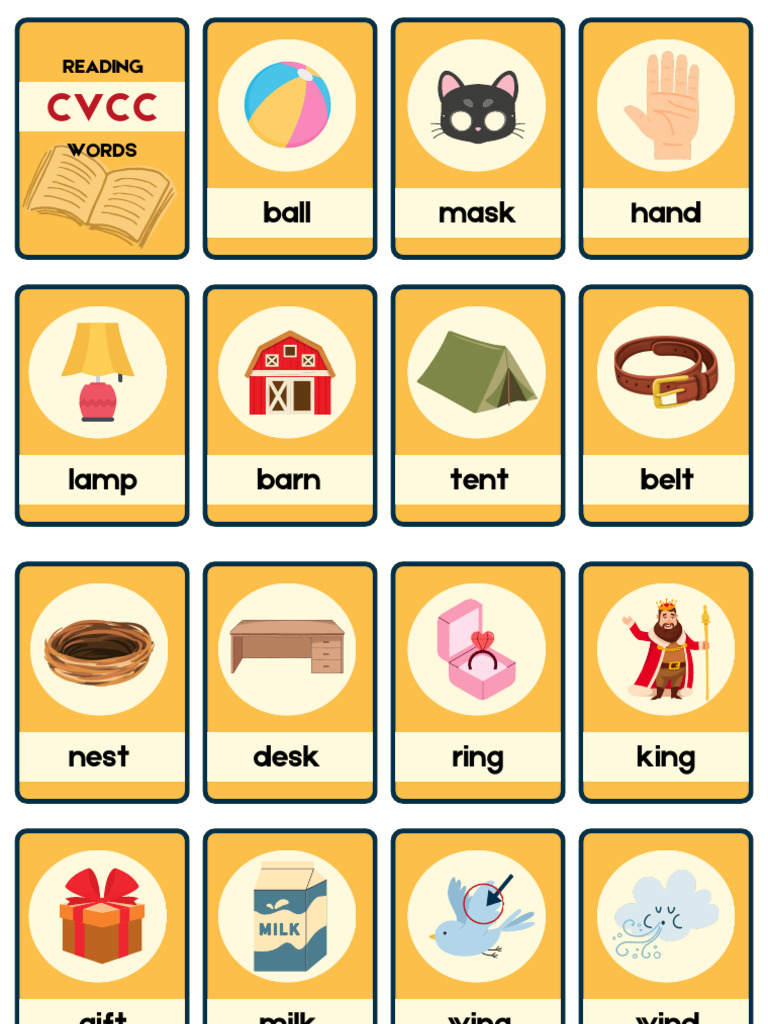 Reading CVCC Words Flashcards in Yellow Colorful Style | PDF