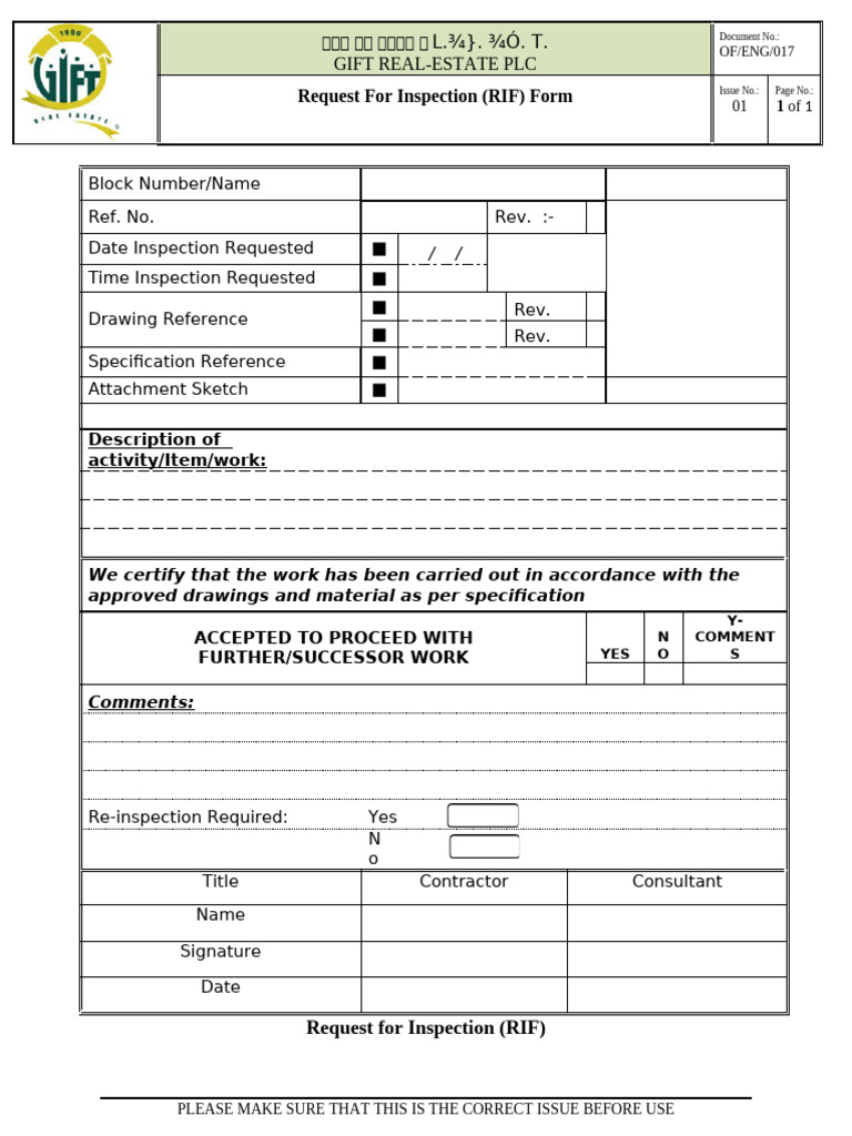 Of-EnG-017 Request For Inspection Form | PDF