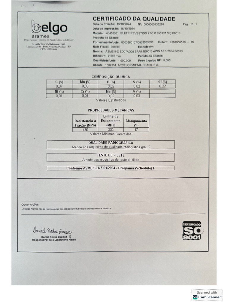 Certificado Qualidade - Eletrodo 6013 - 2024 | PDF