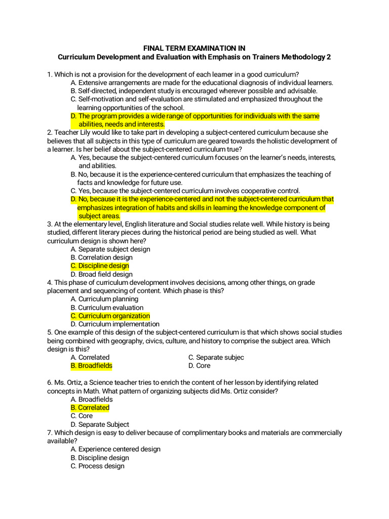 Final Term Exam in Curriculum Development and Evaluation With Emphasis On Trainers Methodology 2 ...
