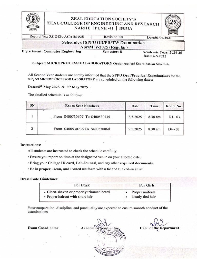 Microprocessor Laboratory Practical Exam Schedule | PDF