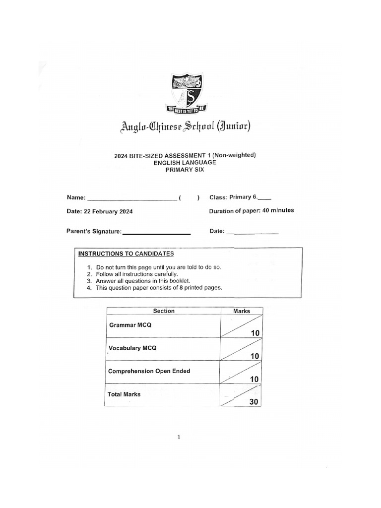 2024-P6-English-Bite Sized Assessment 1-ACS Junior | PDF