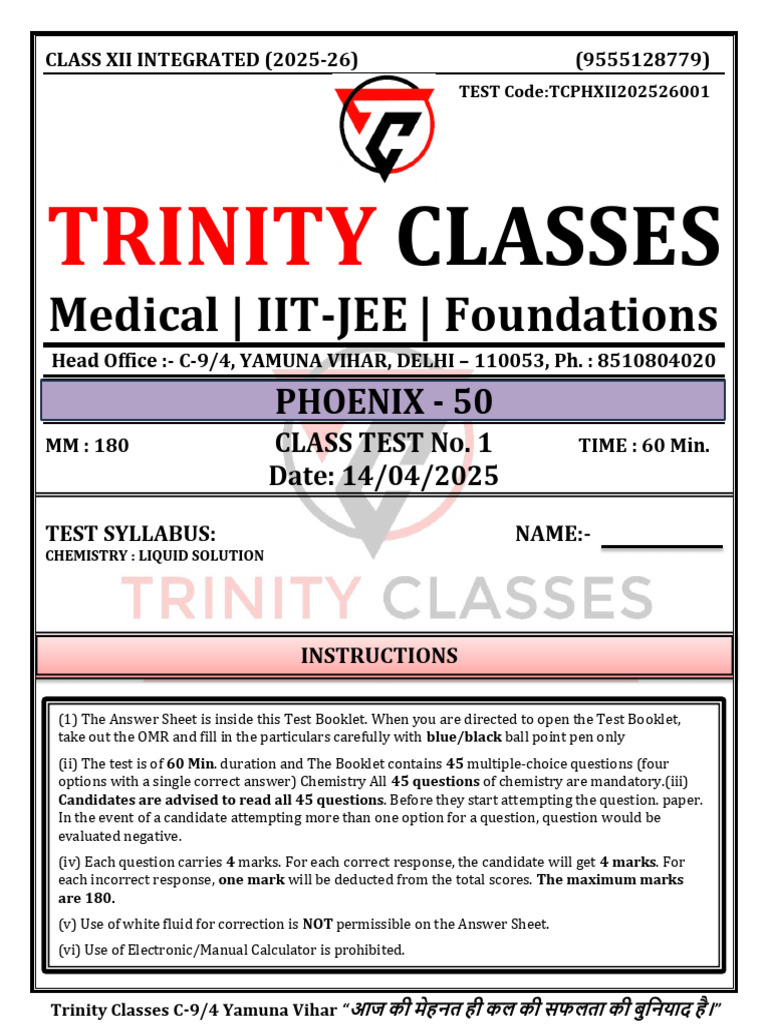 Class Xiith Phoenix-50 14 April | PDF | Mole (Unit) | Chemistry
