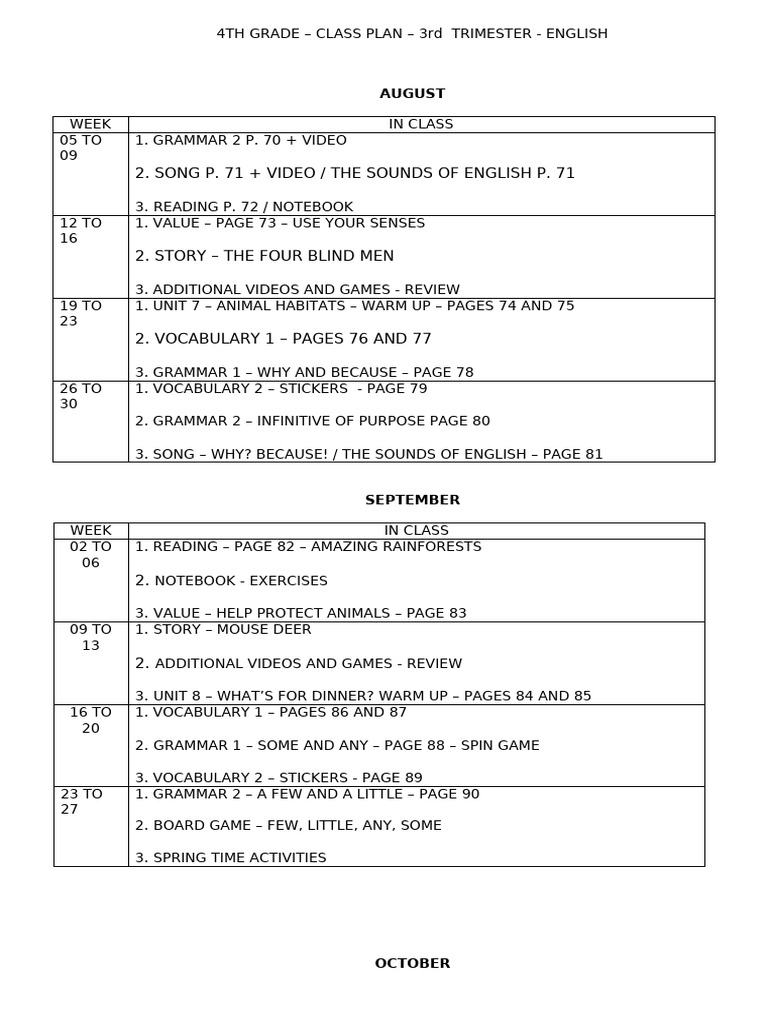4th Grade - 3rd Trimester 2024 - CLASS PLAN - IGLESIAS | PDF