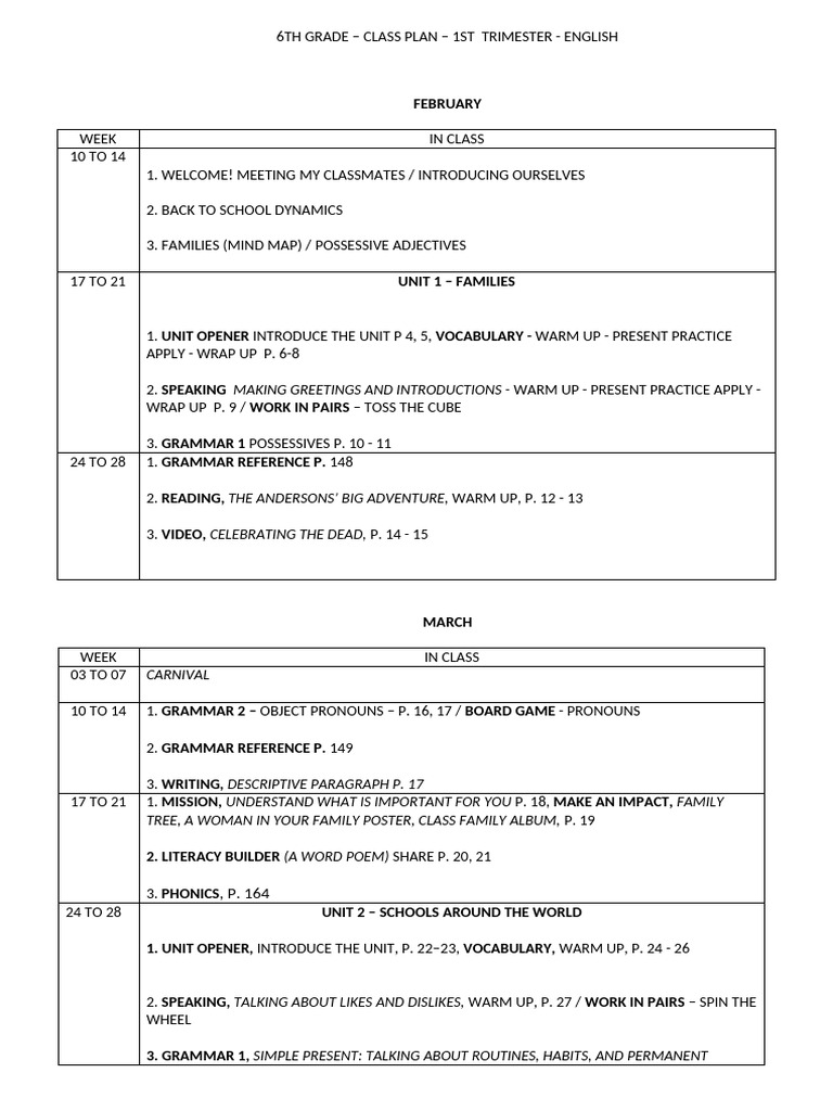 6th Grade - 1st Trimester 2025 - CLASS PLAN - IGLESIAS | PDF | English ...