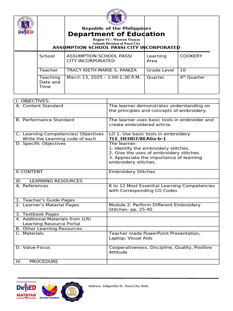 Demo Teaching JHS Grade 9 Aspci | PDF | Embroidery | Textile Arts