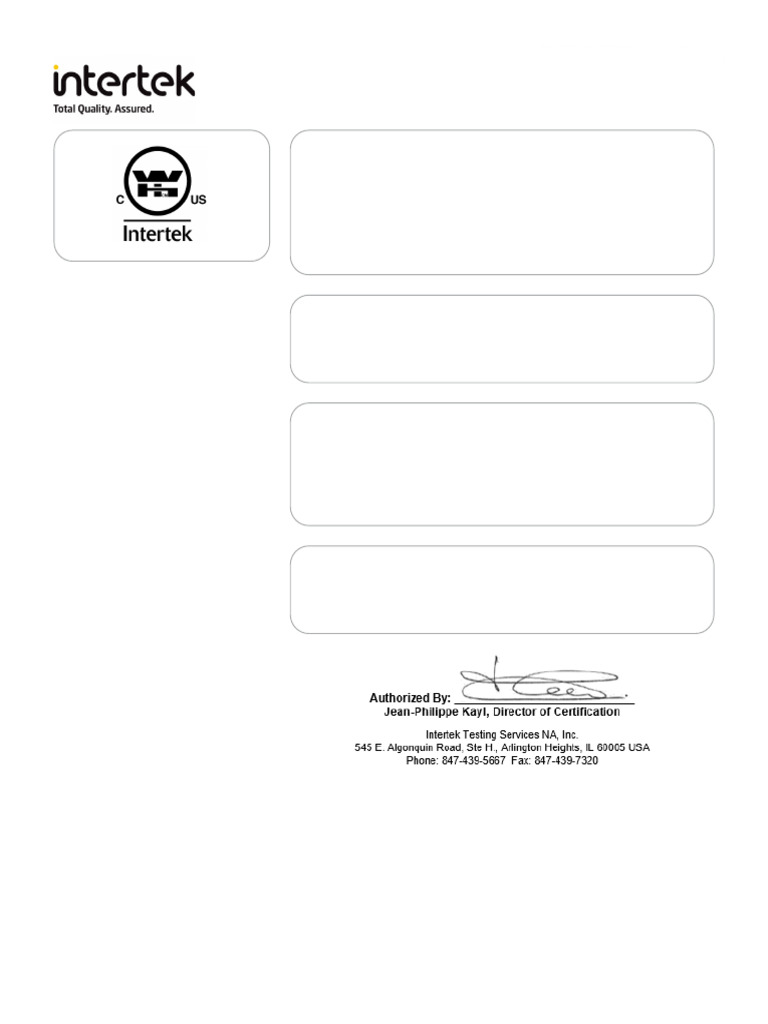 Certifiate For Intertek WH US + C Mark For Category C Standard Frames ...