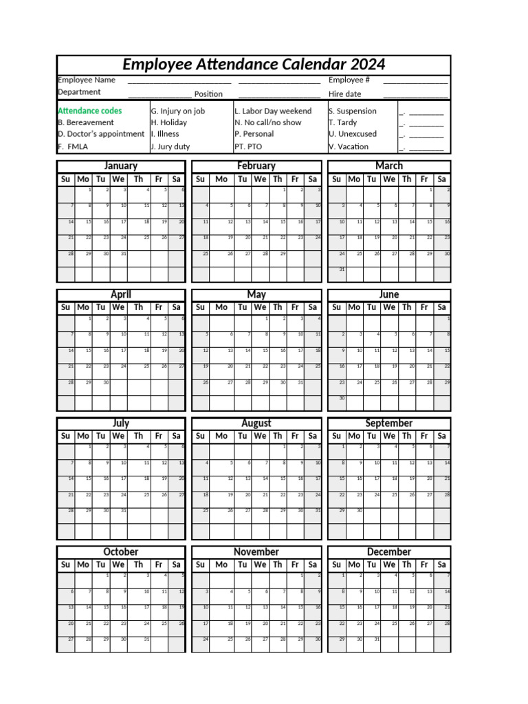 2024 Employee Attendance Calendar PDF | PDF