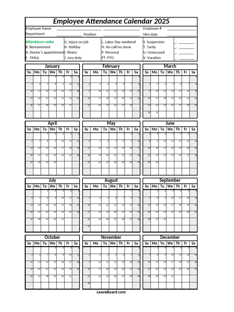 Employee Attendance Calendar 2025 | PDF