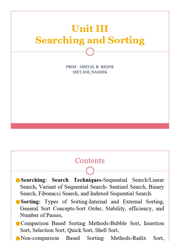 Unit Iii Searching And Sorting Final Pdf Arithmetic Algorithms And Data Structures