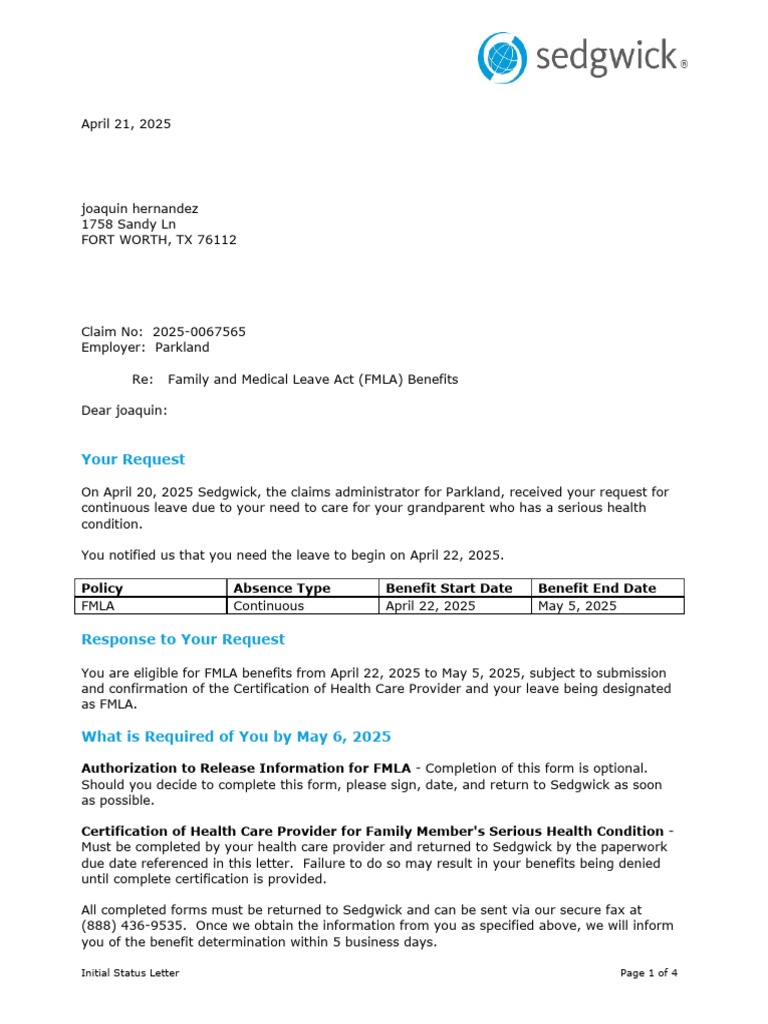 Initial Status Letterpacket | PDF | Family And Medical Leave Act Of ...