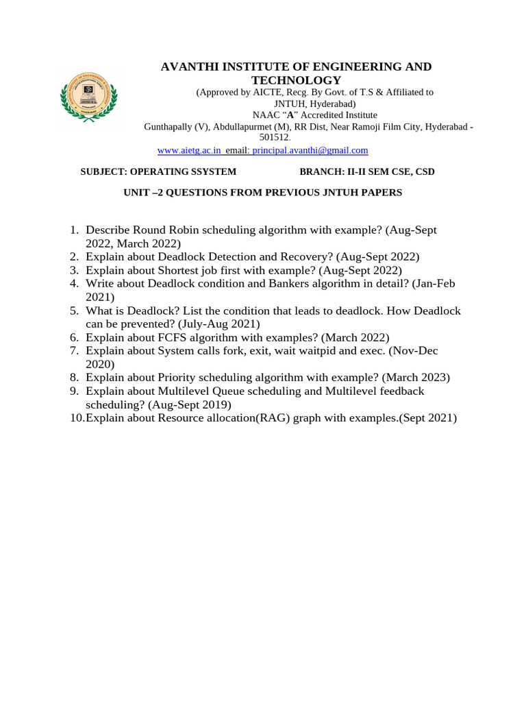 OS Unit-2 Important Questions | PDF