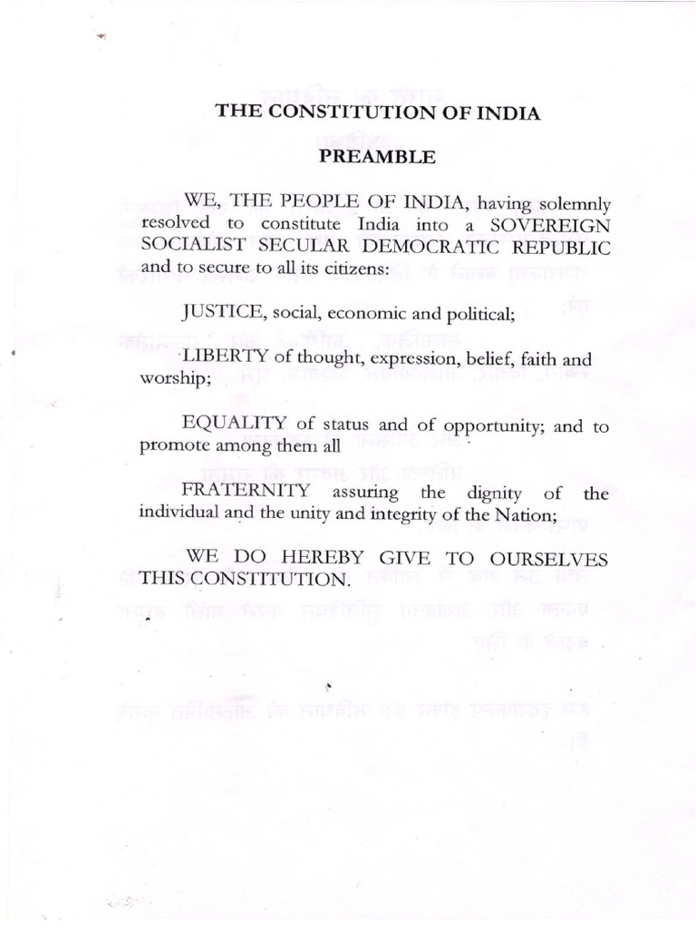 Preamble, The Constitution of India (in English and Hindi) | PDF