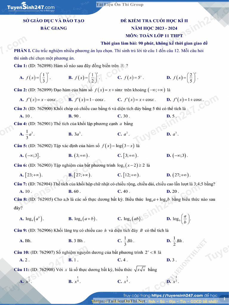 De-Kiem-Tra-Cuoi-Hoc-Ki-2-Toan-11-Nam-2023-2024-So-Gd-Dt-Bac-Giang-1741664439-Đã M Khóa | PDF