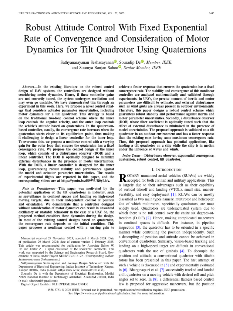Robust Attitude Control With Fixed Exponential Rate of Convergence and Consideration of Motor ...