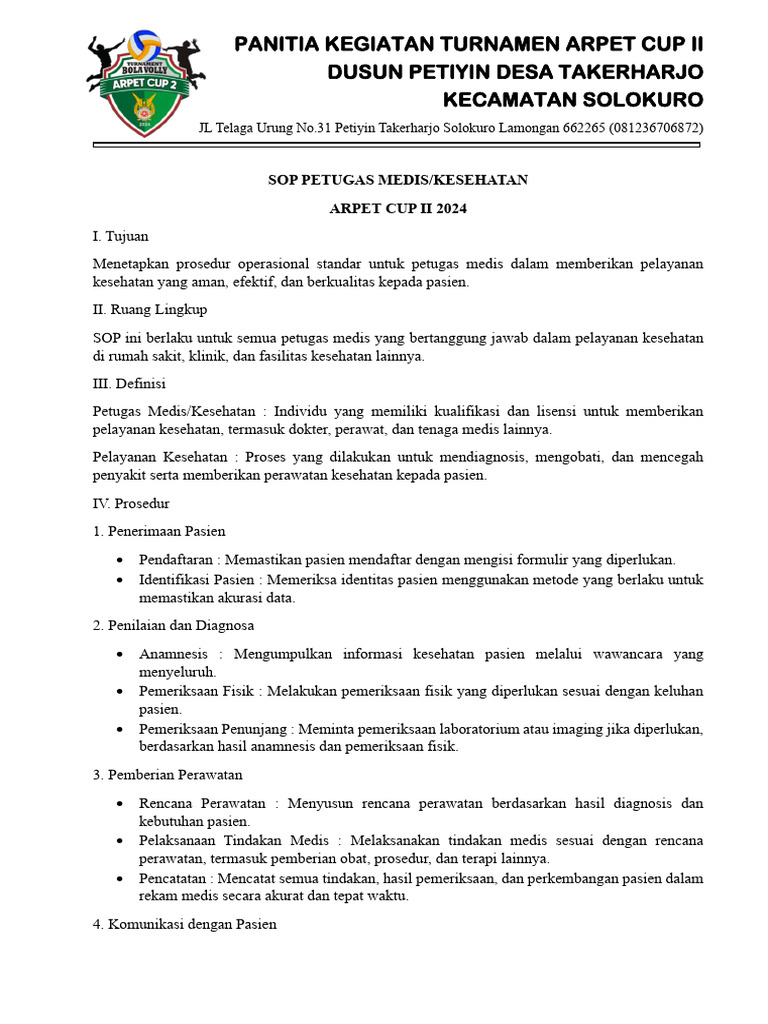 SOP Pelayanan Medis ARPET CUP II 2024 | PDF