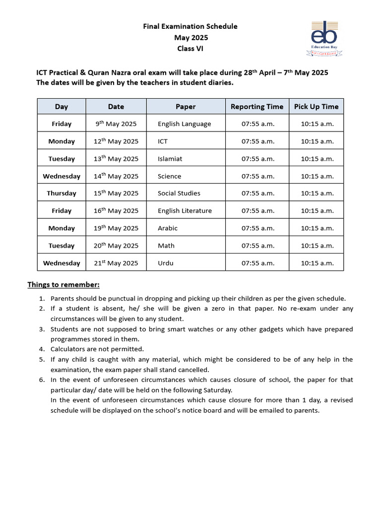 Final Exam Timetable Class VI - April - May 2025 | PDF