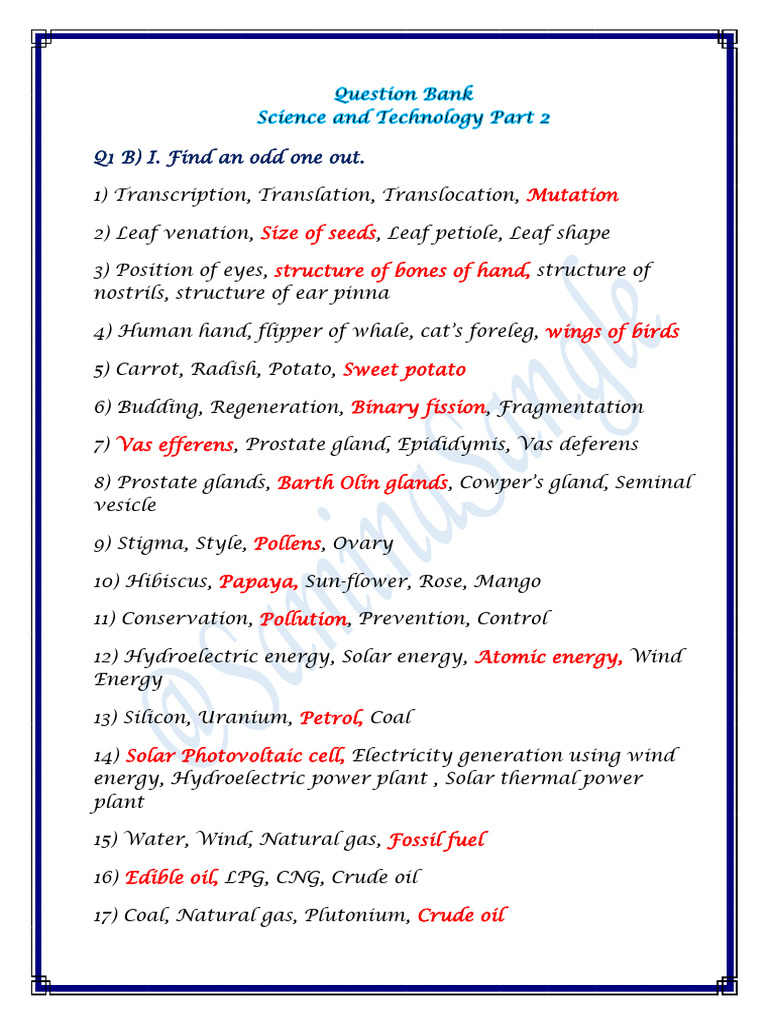 Question Bank Science II Odd One Out | PDF