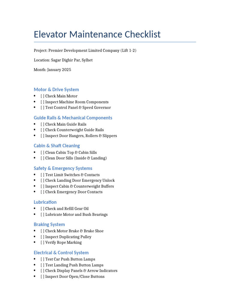 Elevator Maintenance Checklist | PDF
