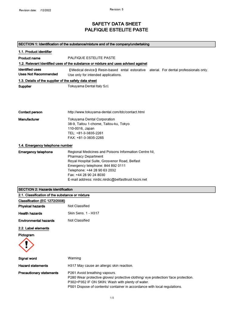 Safety Data Sheet for Palfique Estelite Paste | PDF | Occupational ...