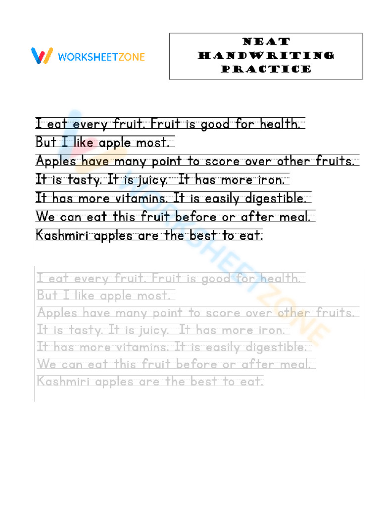 Neat Handwriting Practice Worksheet - The Fruit I Like | PDF