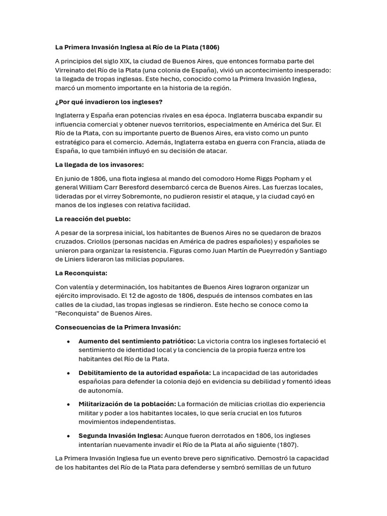 La Primera Invasión Inglesa Al Río de La Plata | PDF | Militar ...