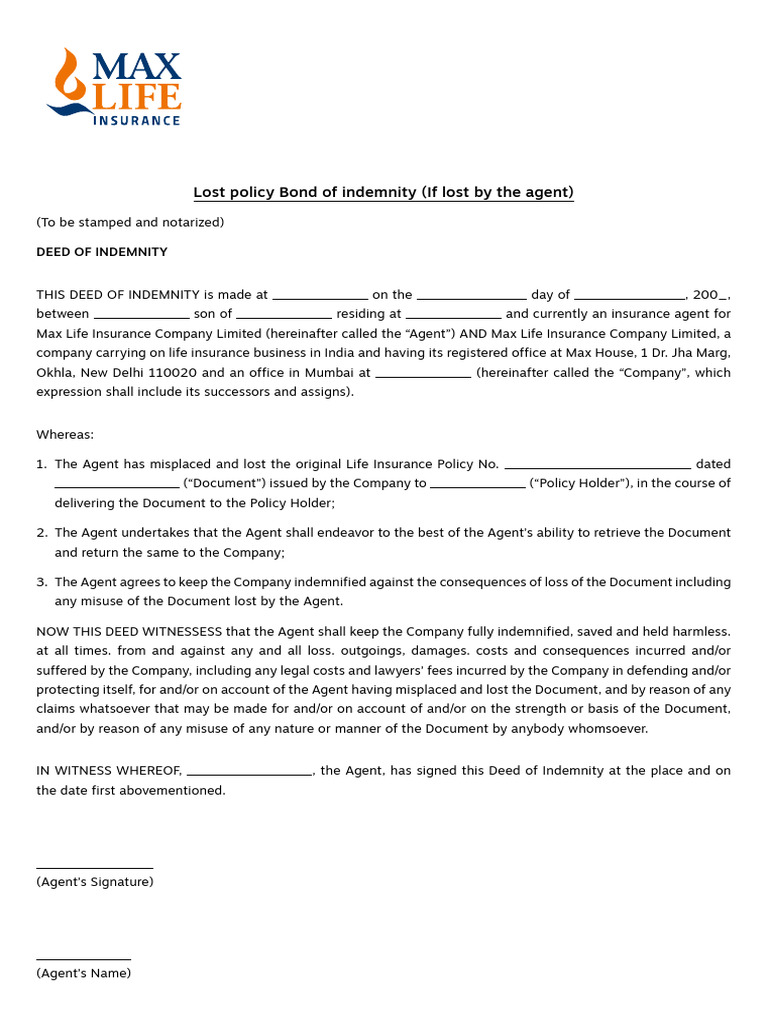 Lost Policy Bond of Indemnity Form 5d52fdc1df | PDF | Indemnity | Legal Concepts