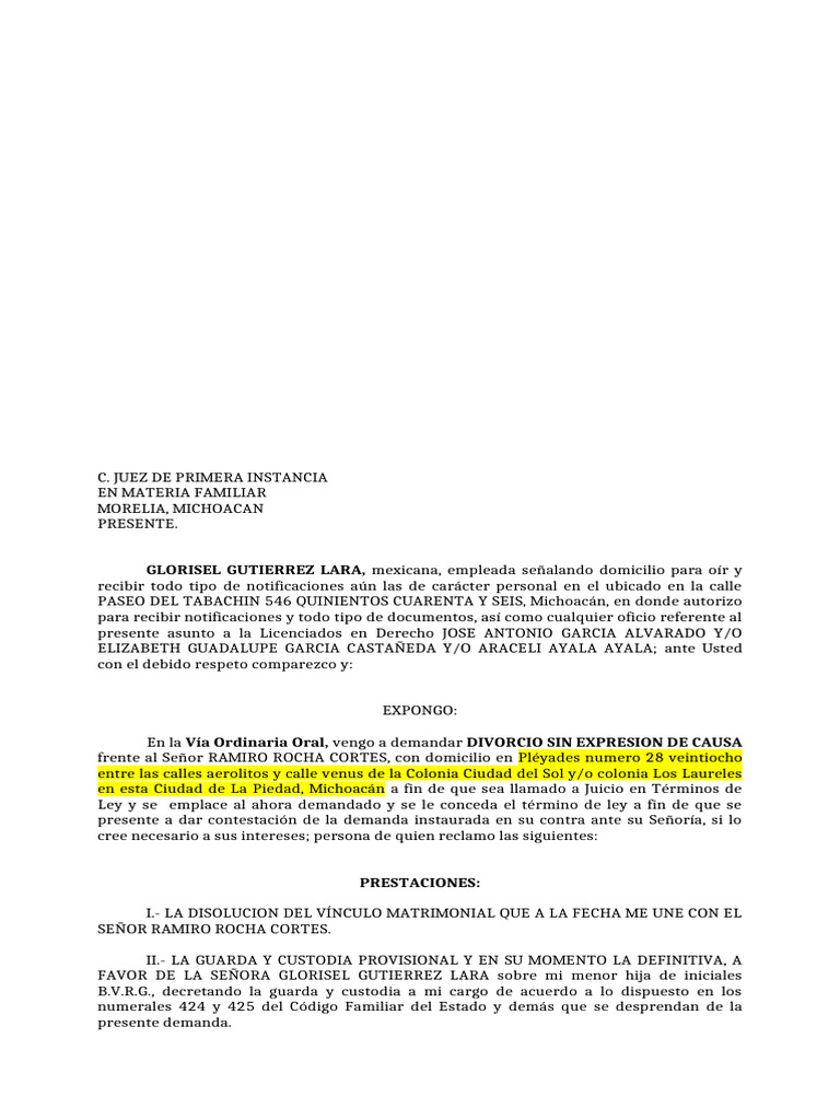 Demanda de Divorcio Glorisel Gutierrez Lara | PDF | Demanda judicial ...