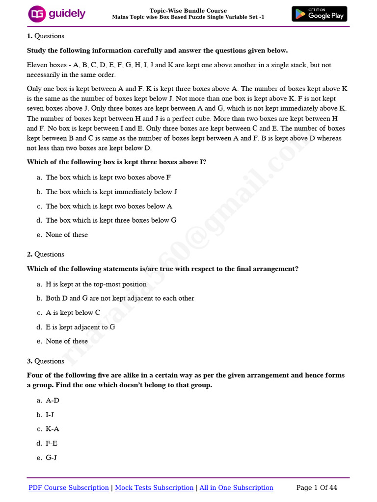 Mains Topic Wise Box Based Puzzle Single Variable Set - 1 | PDF