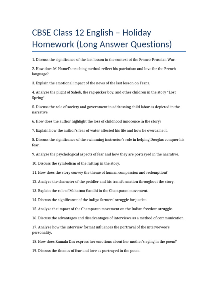 CBSE Class12 English Holiday Homework Questions | PDF