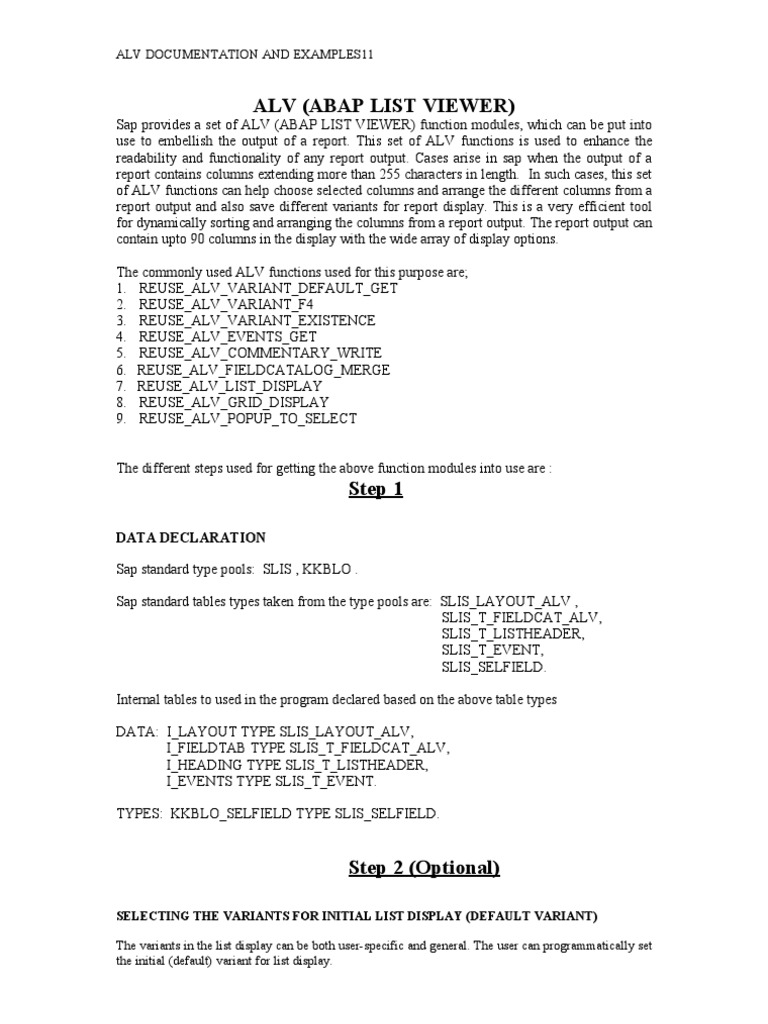 ALV Documentation and Examples | PDF | Parameter (Computer Programming) | Subroutine