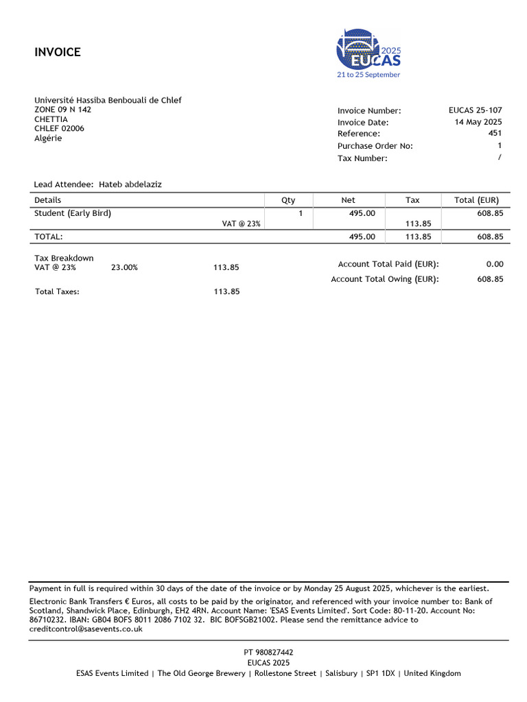 EUCAS 25 Invoice for Early Bird Registration | PDF