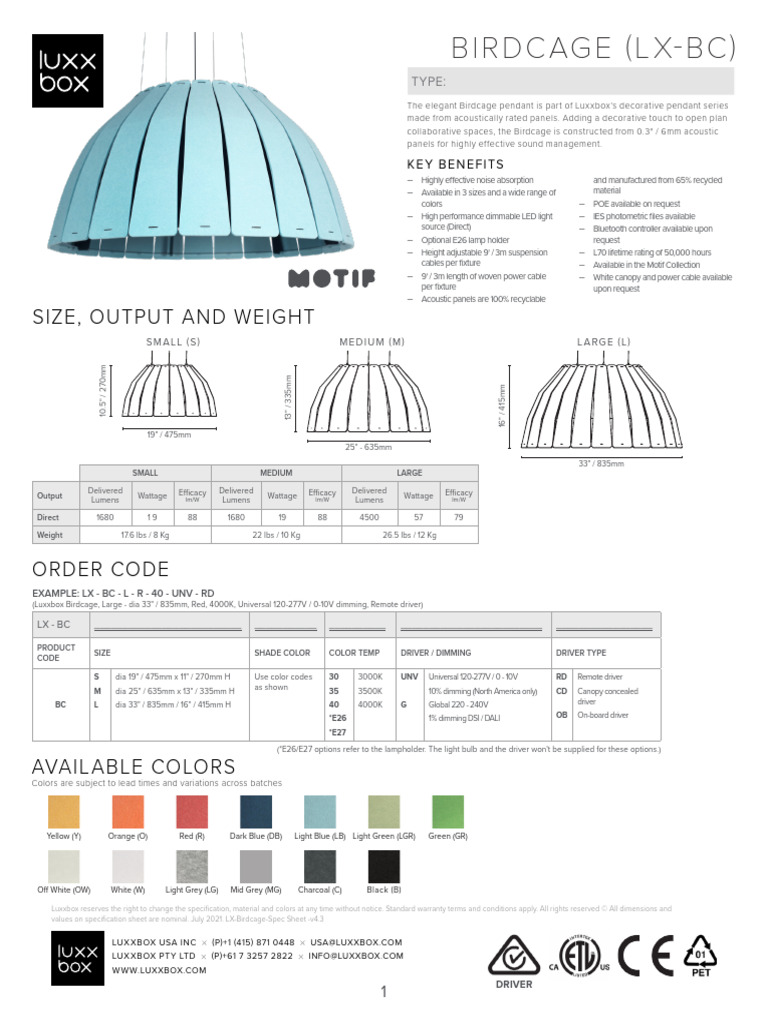 LX Birdcage Spec Sheet v4.3 | PDF | Interior Design | Lighting