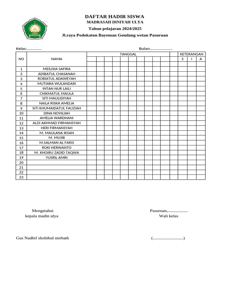 Format Absensi Dan Cover (Ulya) New | PDF