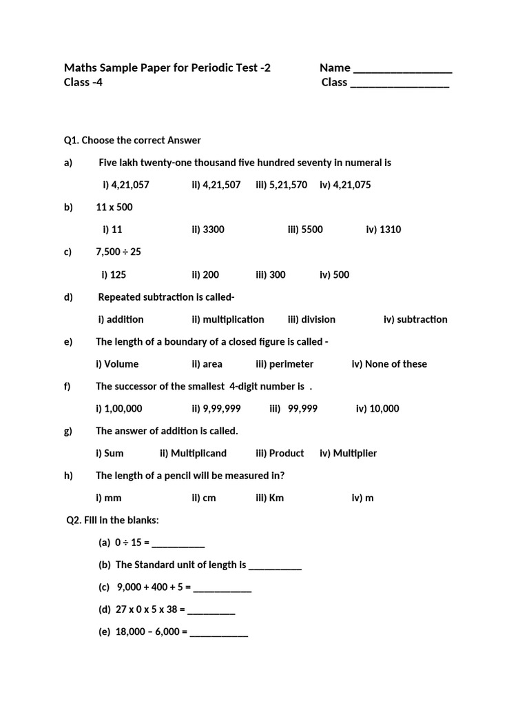 Class 4 Maths Periodic Test Sample | PDF | Multiplication | Mathematics