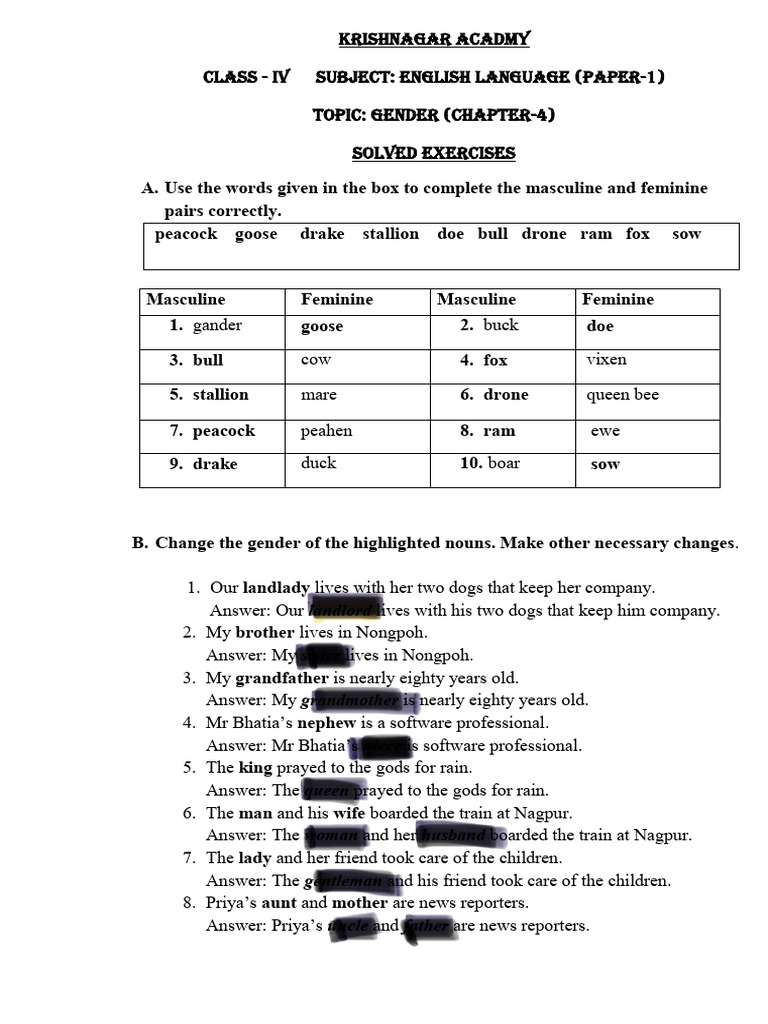 Gender Exercises for Class 4 | PDF | Grammatical Gender | Linguistic ...