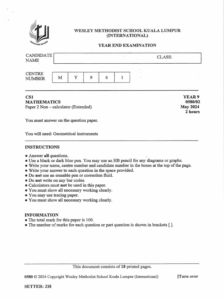 2024 Y9 Math FE P2 Q | PDF