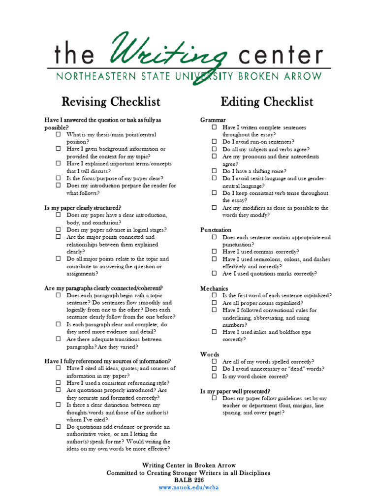 Revising and Editing Checklist | PDF | Linguistic Typology | Linguistics