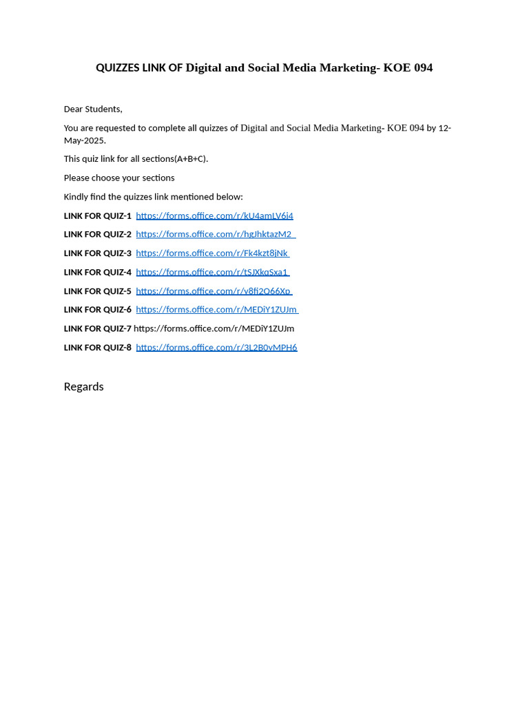 QUIZZES LINK of Digital and Social Media Marketing | PDF