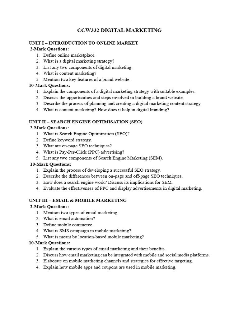 CCW332 DIGITAL MARKETING Important Questions | PDF | Digital Marketing ...