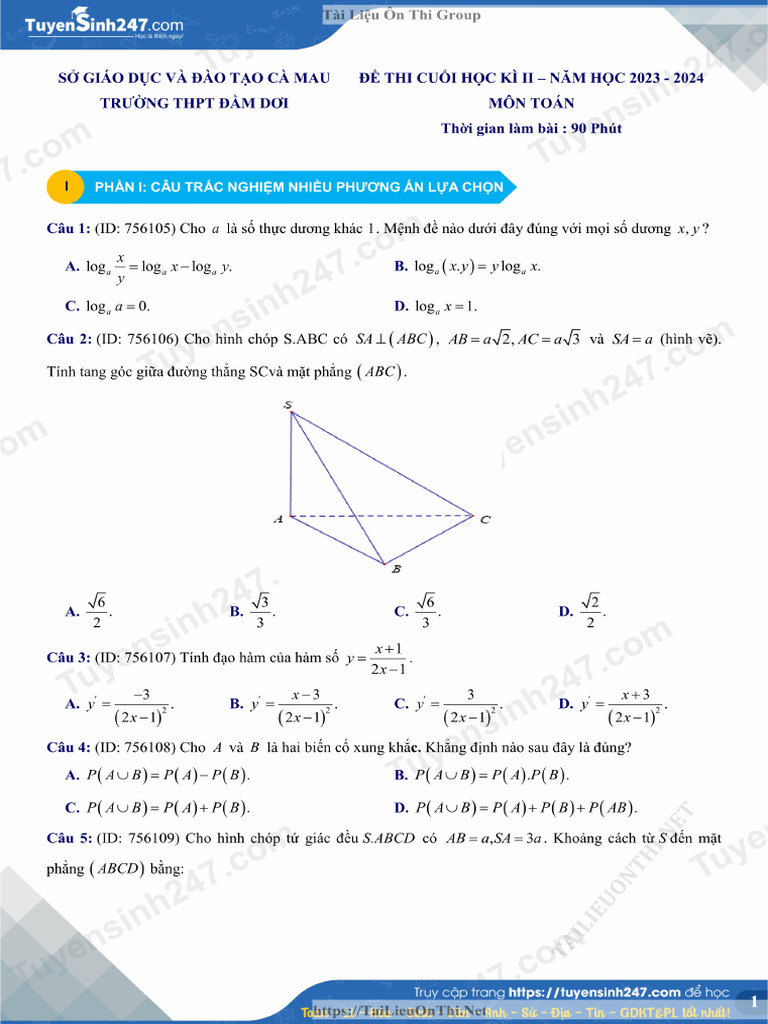 De Cuoi Hoc Ky 2 Toan 11 Nam 2023 2024 Truong THPT Dam Doi CA Mau 1739245234 Đã M Khóa | PDF