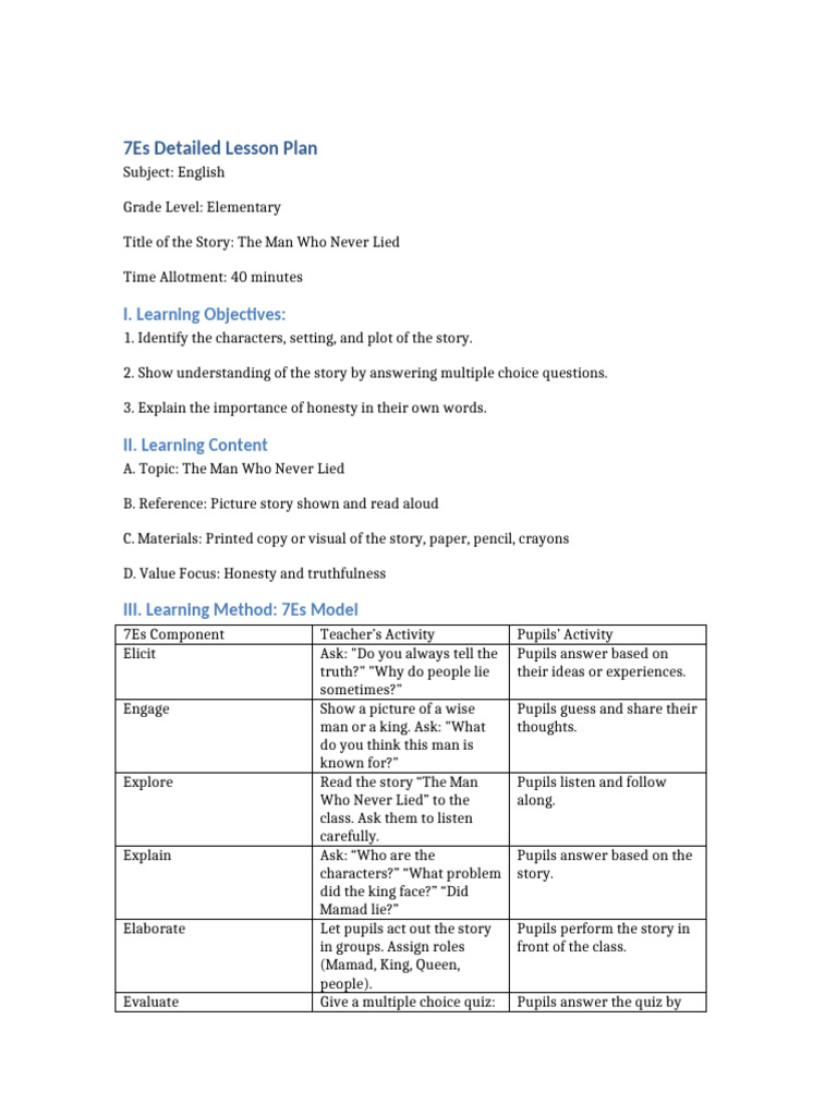 7es Lesson Plan The Man Who Never Lied | PDF | Lesson Plan | Multiple Choice