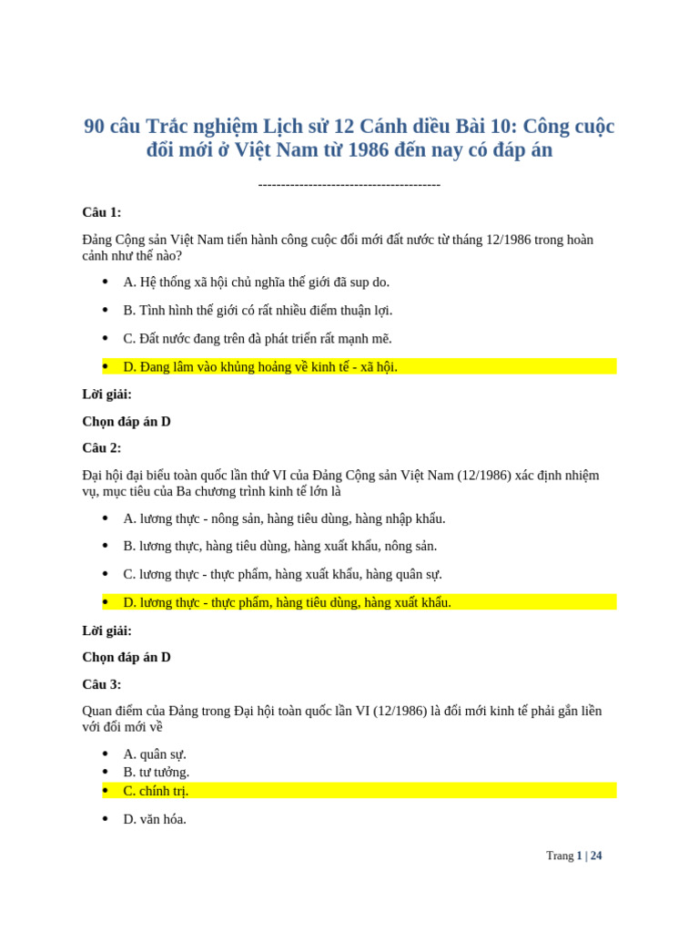 90 Cau Trac Nghiem Lich Su 12 Canh Dieu Bai 10 Co Dap An - 2025 - 04 - 27 | PDF