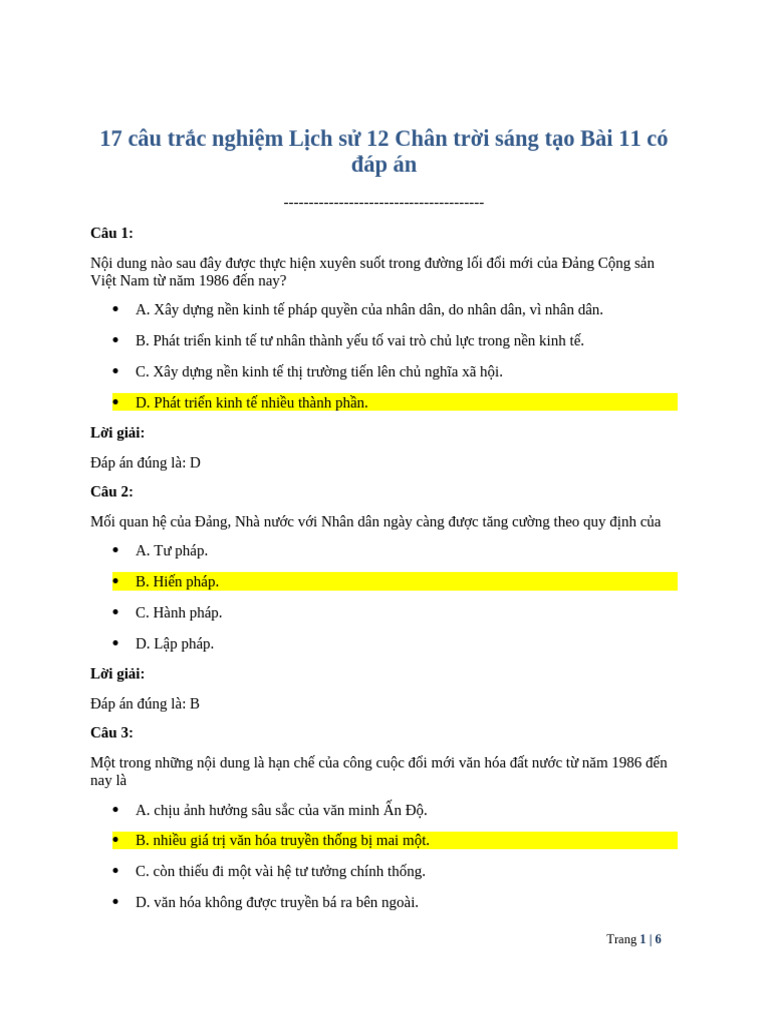 17 Cau Trac Nghiem Lich Su 12 Chan Troi Sang Tao Bai 11 Co Dap An - 2025 - 04 - 27 | PDF