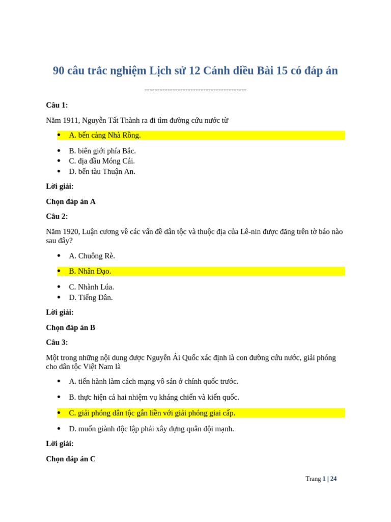 90 Cau Trac Nghiem Lich Su 12 Canh Dieu Bai 15 Co Dap An - 2025 - 04 - 27 | PDF