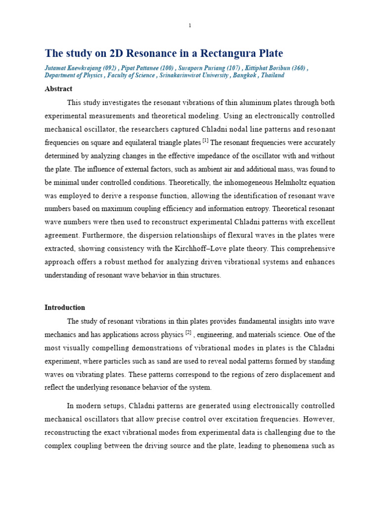 Lab 1 The study on 2D Resonance in a Rectangura Plate (Suraporn 107) | PDF | Resonance | Normal Mode