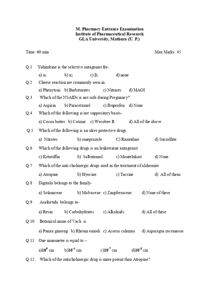 M. Pharm Entrance Exam Sample Paper | PDF | Drugs | Pharmacology