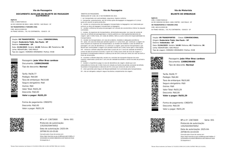 Bilhete de Passagem: Indaiatuba-SP | PDF