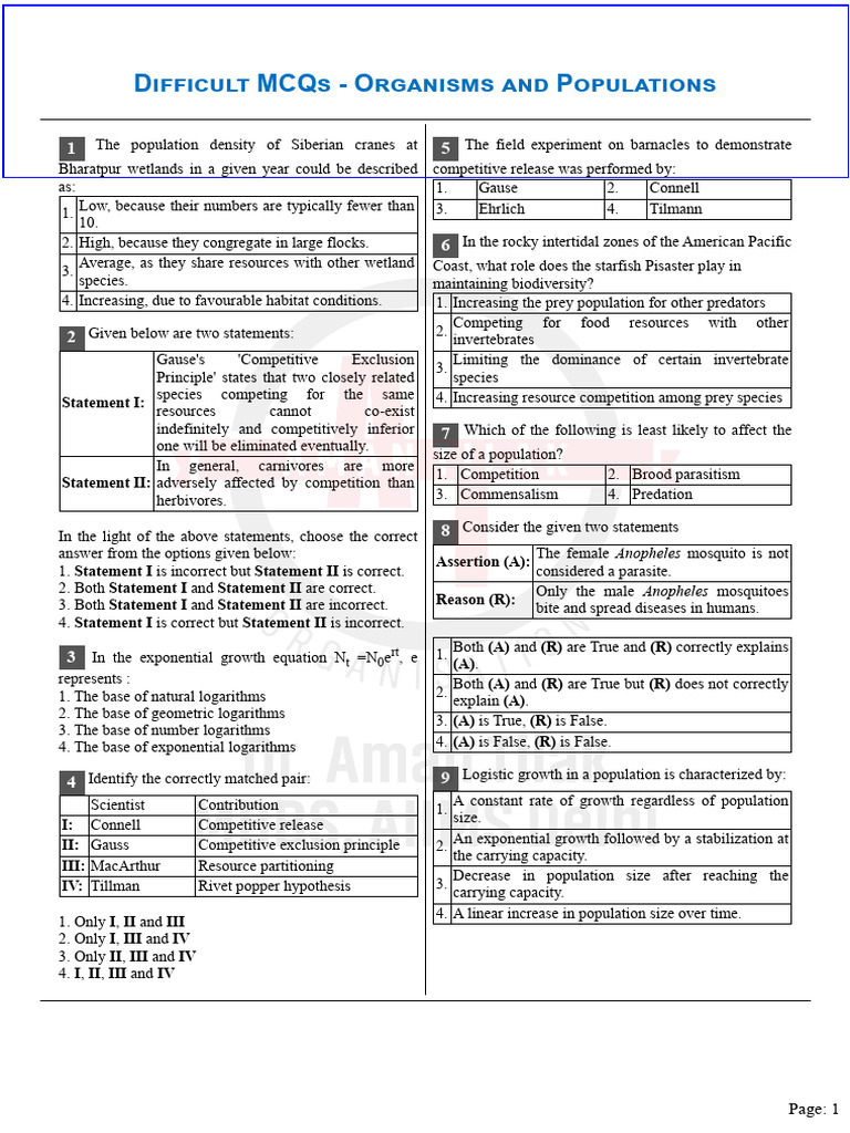 30.difficult MCQs - Organisms and Populations | PDF | Predation | Herbivore
