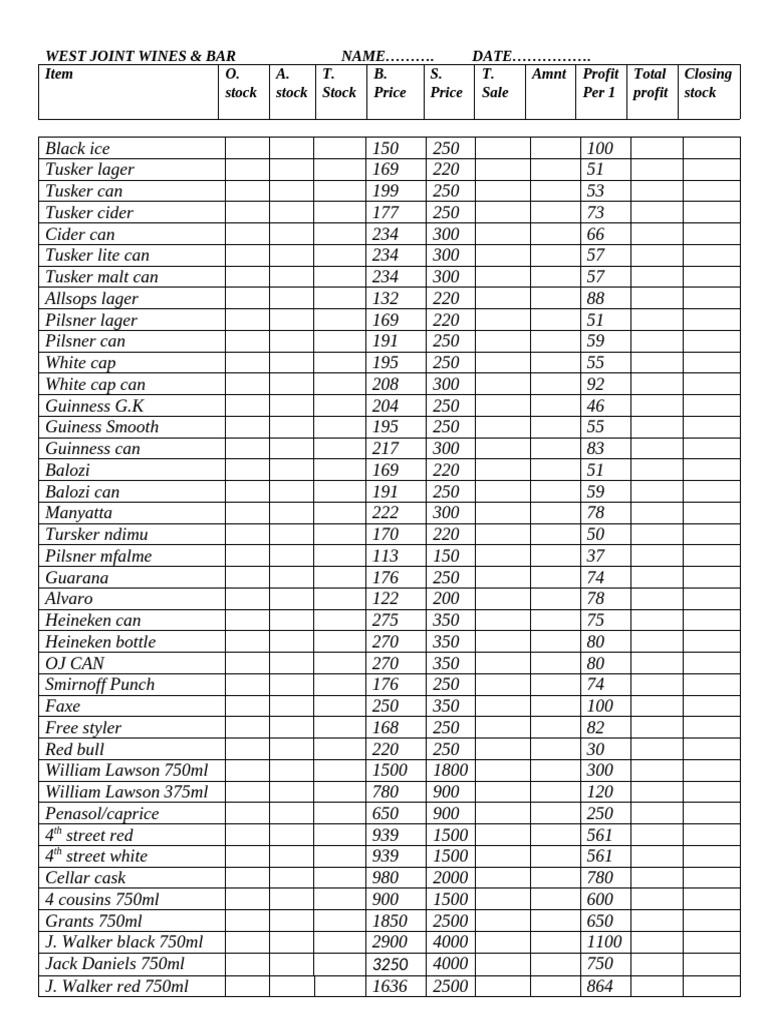 WEST JOINT BAR STOCK SHEET Updated Nov 2024 | PDF | Fermented Drinks | Drink